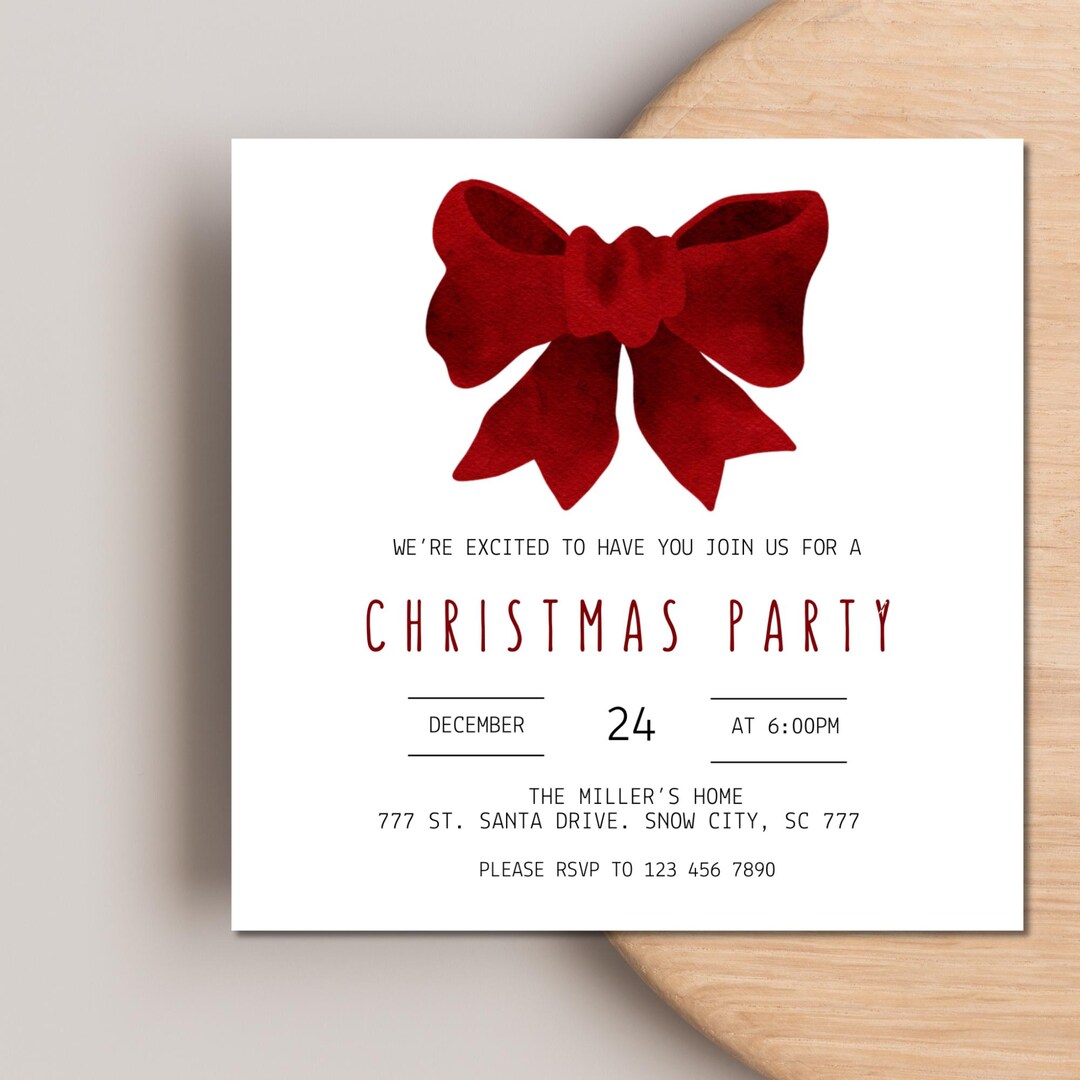 Red Bow Christmas Party Invitation Template, Holiday Christmas Dinner ...