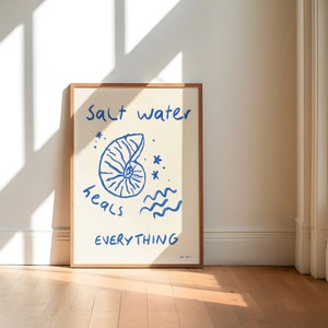 Salt Water Heals Everything Wall Art, Minimalist Blue Seashells Digital ...
