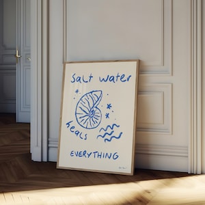 Salt Water Heals Everything Wall Art, Minimalist Blue Seashells Digital ...