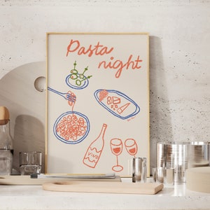 Pasta Night Poster, Spaghetti and Wine Food Print, Kitchen Decor ...