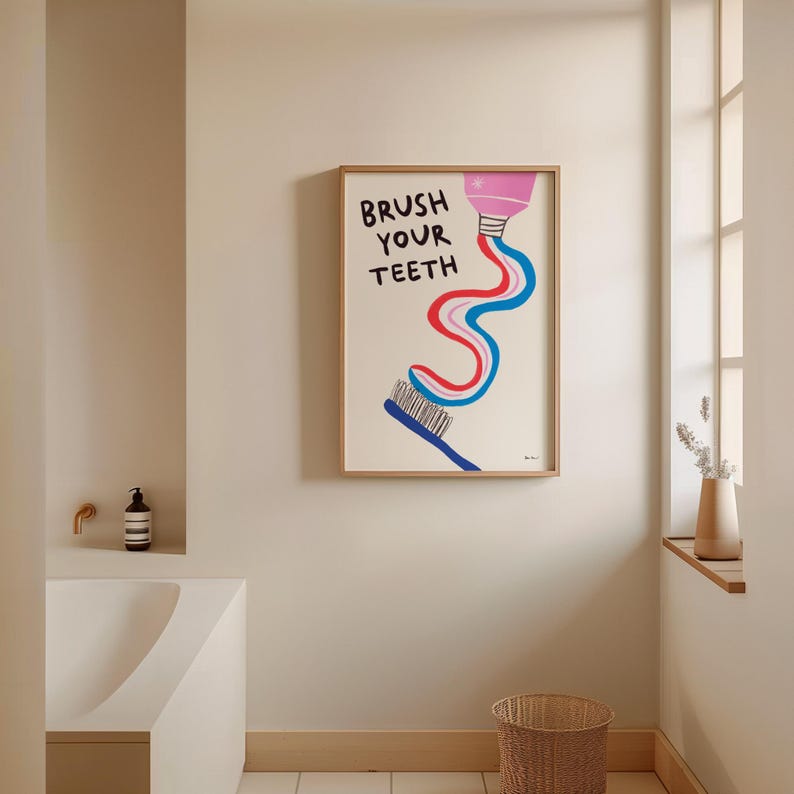 Brush Your Teeth Bathroom Wall Art, Retro Wall Art, Cute Bathroom ...