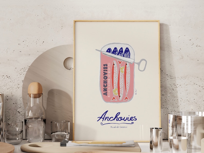 Anchovies Print, Fish Kitchen Wall Art, Sardine Tin Poster, Seafood ...