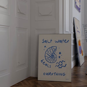 Salt Water Heals Everything Wall Art, Minimalist Blue Seashells Digital ...