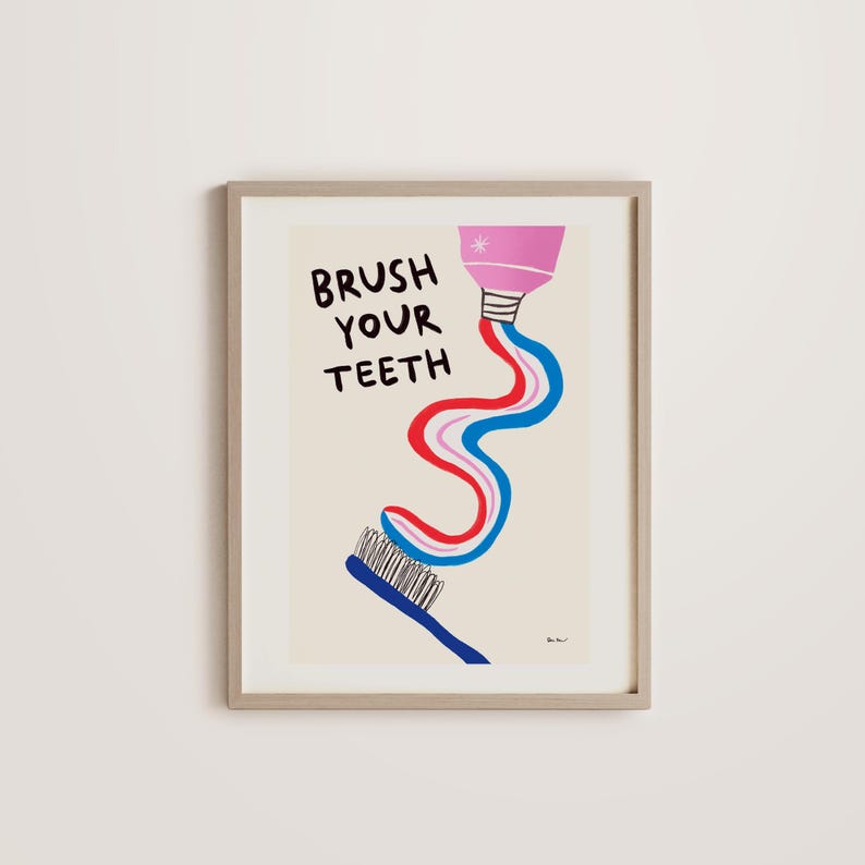 Brush Your Teeth Bathroom Wall Art, Retro Wall Art, Cute Bathroom ...