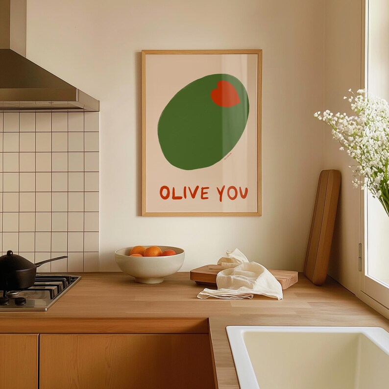 Olive You Wall Art, Pink Olive Print, Maximalist Kitchen, I Love You ...
