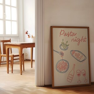 Pasta Night Poster, Spaghetti and Wine Food Print, Kitchen Decor ...