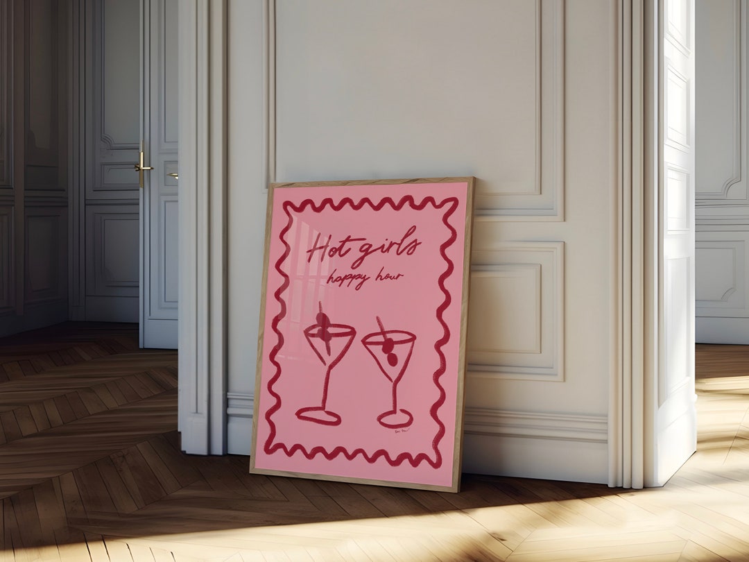 Hot Girls Happy Hour Wall Art, Martini Glasses Print, Trendy Bar Cart ...
