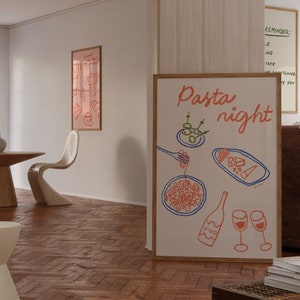 Pasta Night Poster, Spaghetti and Wine Food Print, Kitchen Decor ...