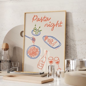 Pasta Night Poster, Spaghetti and Wine Food Print, Kitchen Decor ...