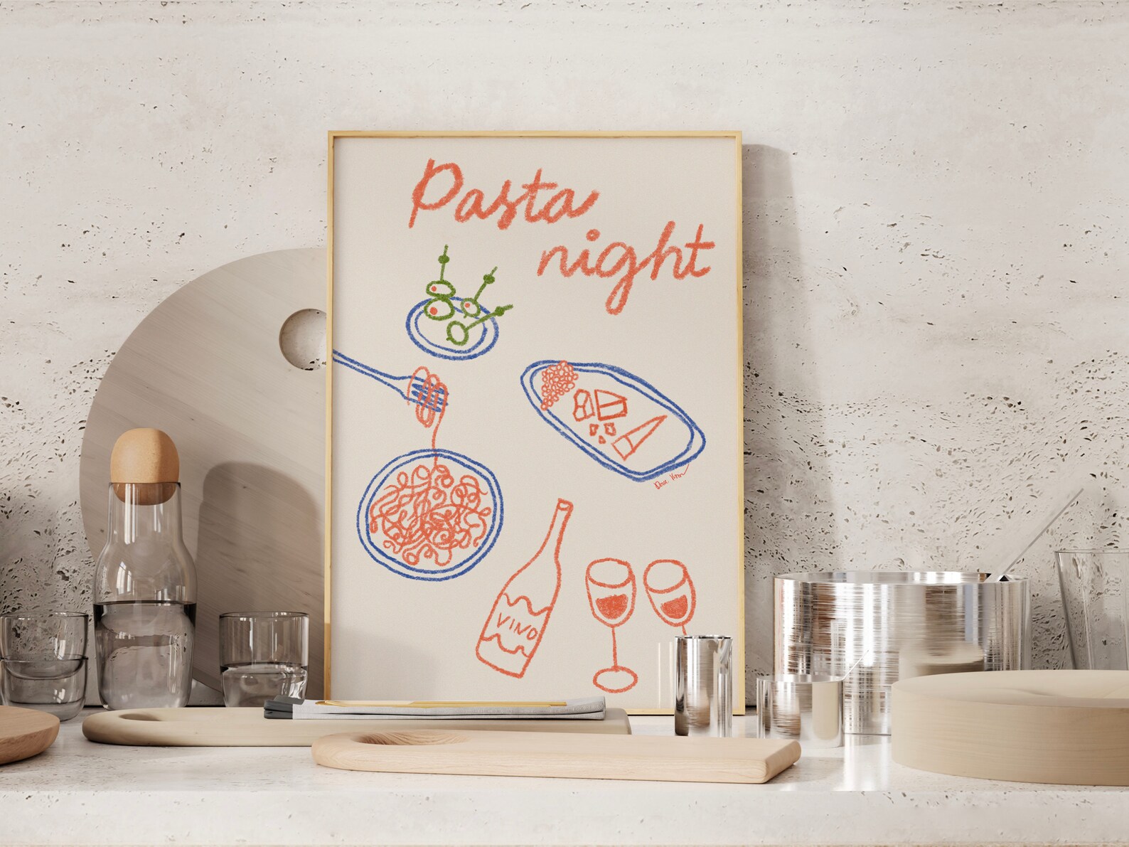 Pasta Night Poster, Spaghetti and Wine Food Print, Kitchen Decor ...