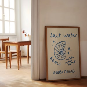 Salt Water Heals Everything Wall Art, Minimalist Blue Seashells Digital ...