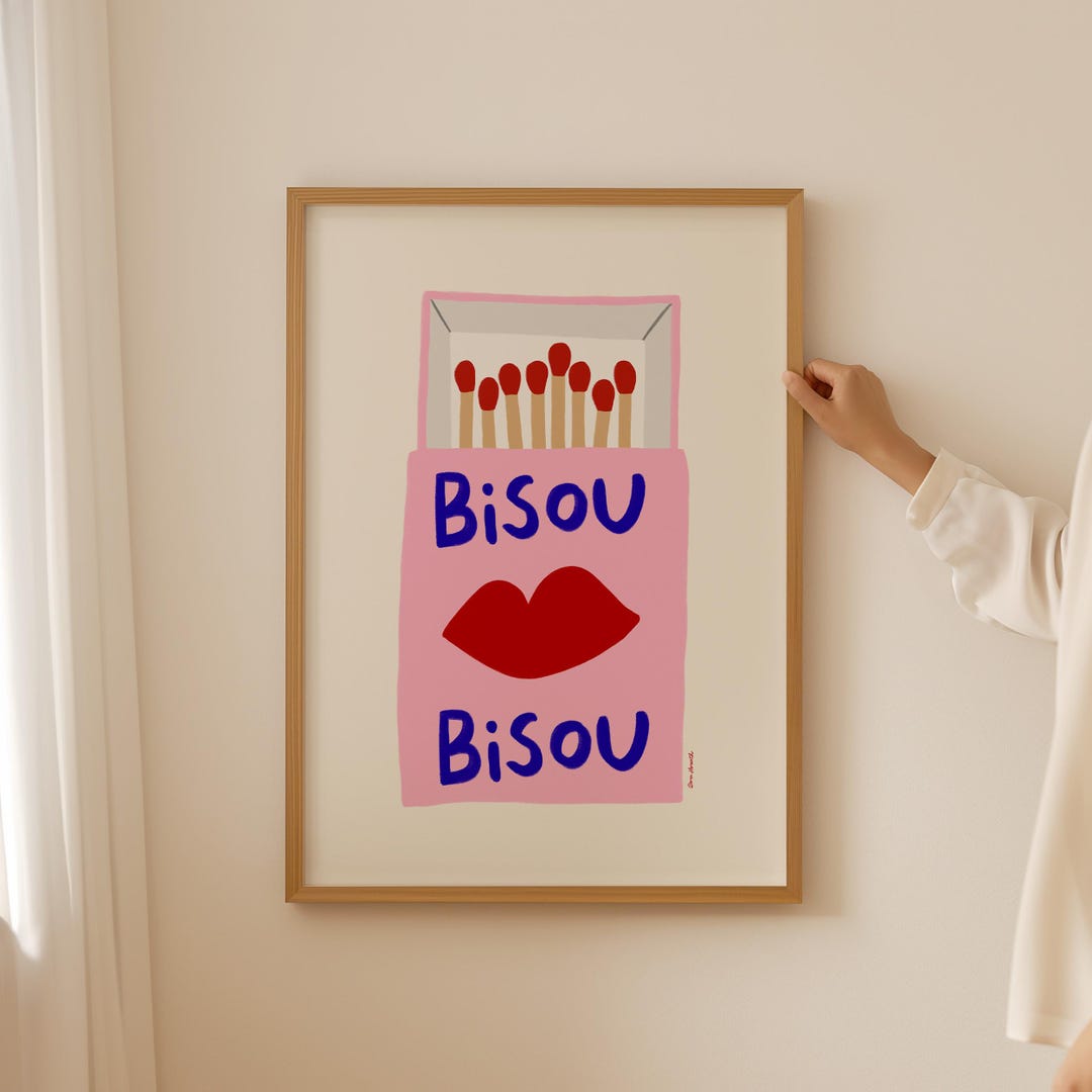 Bisou Bisou Matchbox Wall Art, Trendy Kiss Print, Retro French Poster, Aesthetic Hallway Decor ...