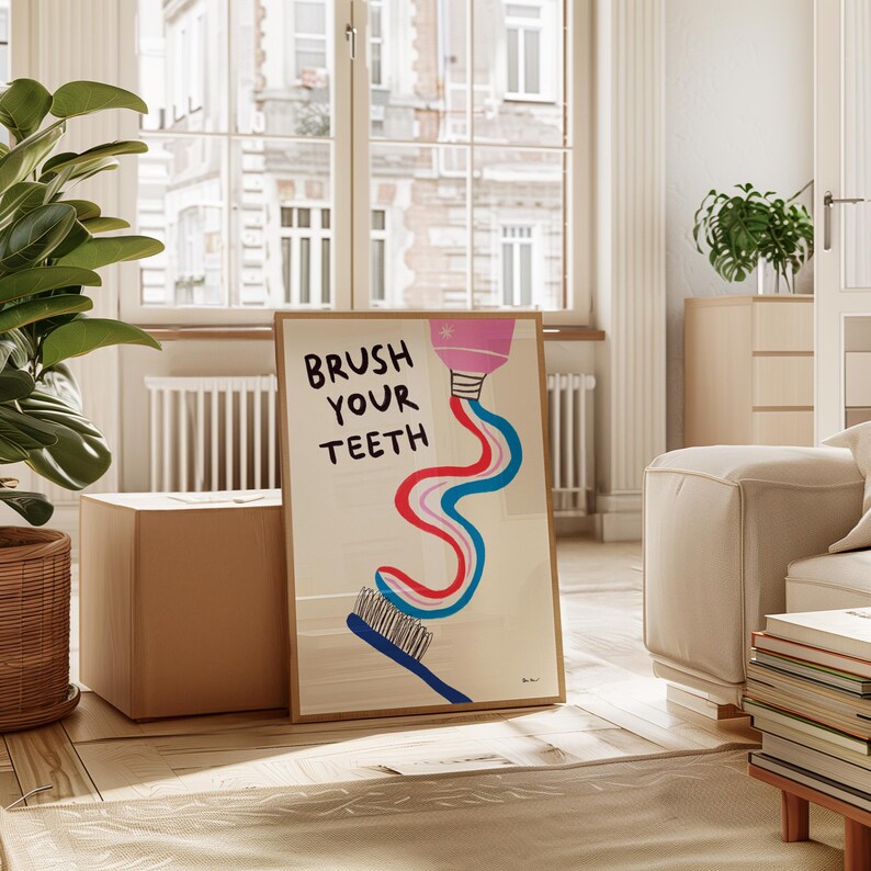 Brush Your Teeth Bathroom Wall Art, Retro Wall Art, Cute Bathroom ...