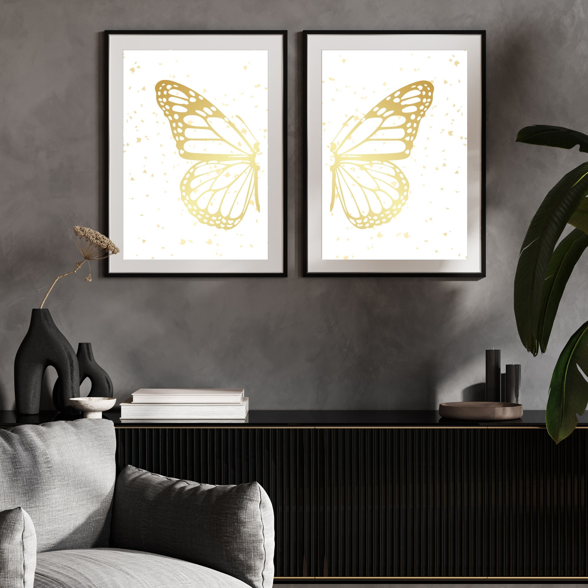 White and Gold Sparkle Butterfly Wall Print - Set of 2 Prints - Instant ...