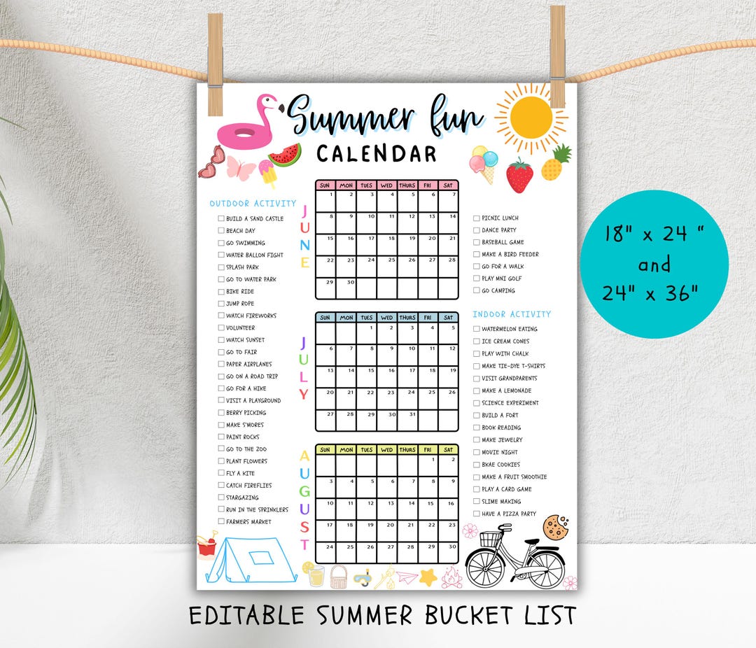Editable Summer Calendar Poster Printables Family Planner Checklist ...