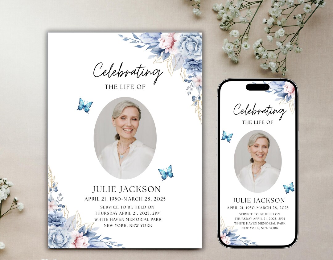 Blue Butterfly Funeral Announcement, Digital, Printable Memorial Invite ...