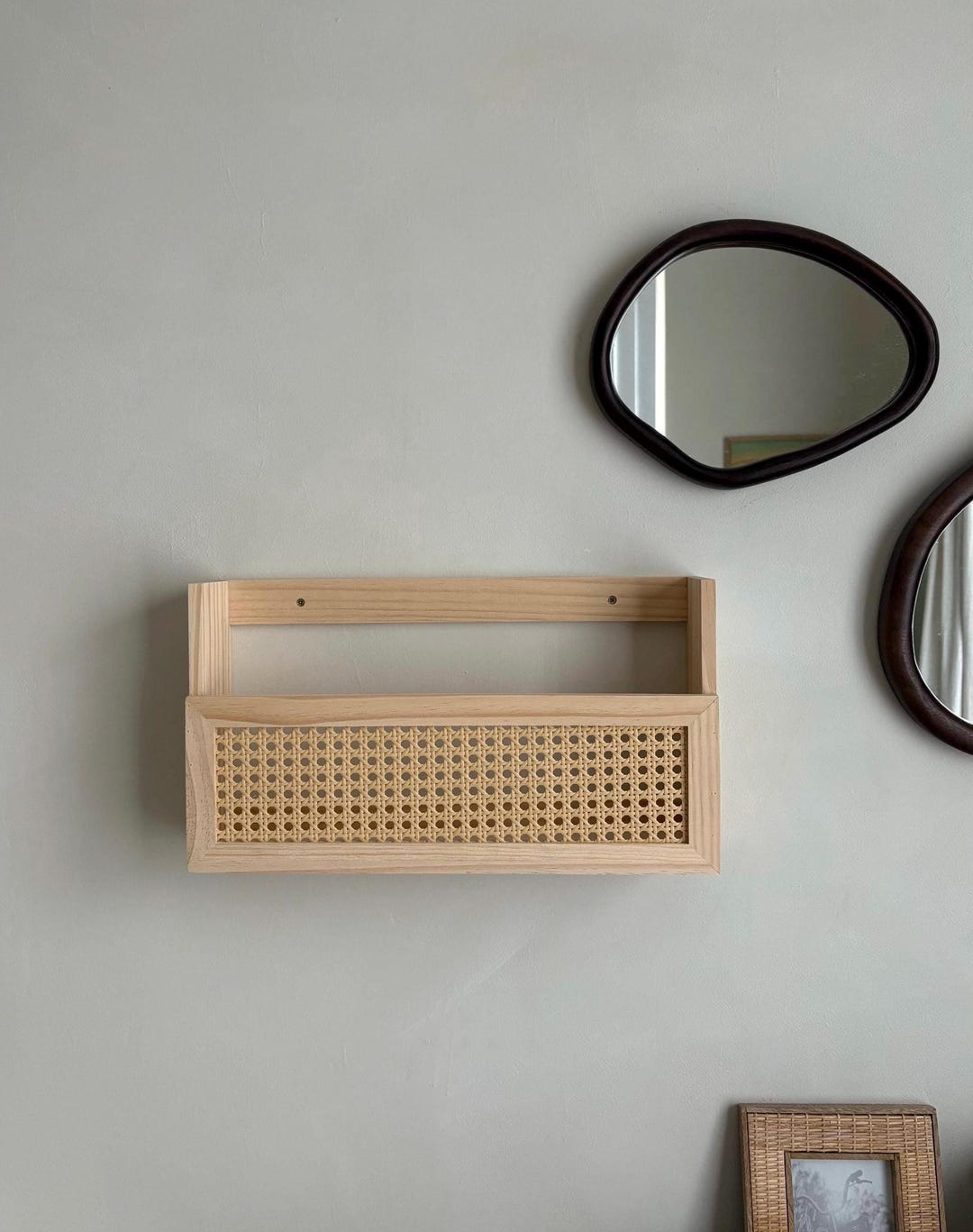 Wood and Rattan Cane Wall Shelf Rustic Floating Picture Ledge - Etsy