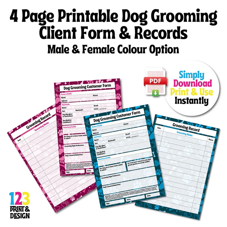 Printable Dog Grooming Form | Mobile Dog Grooming Template | Dog ...