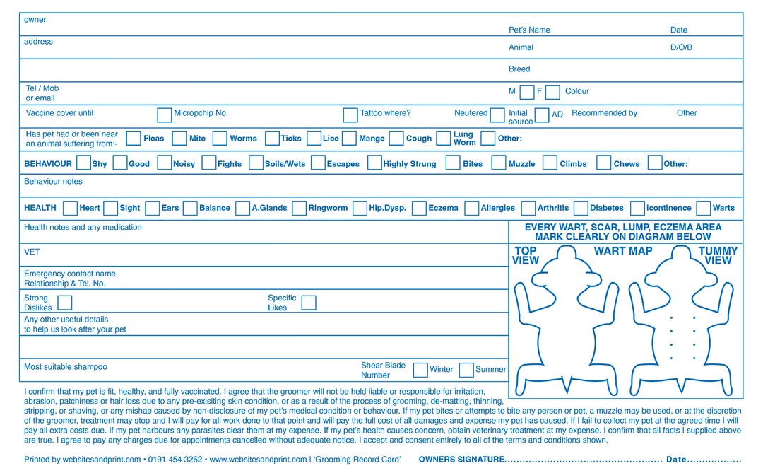 100 X Dog Grooming Customer Record Cards - Pack of 100 - Double Sided ...