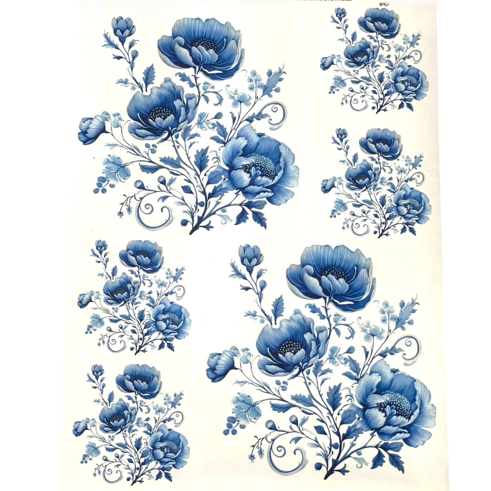 Blue Flowers Decal for Furniture, Floral Transfer Paper for Blue White ...