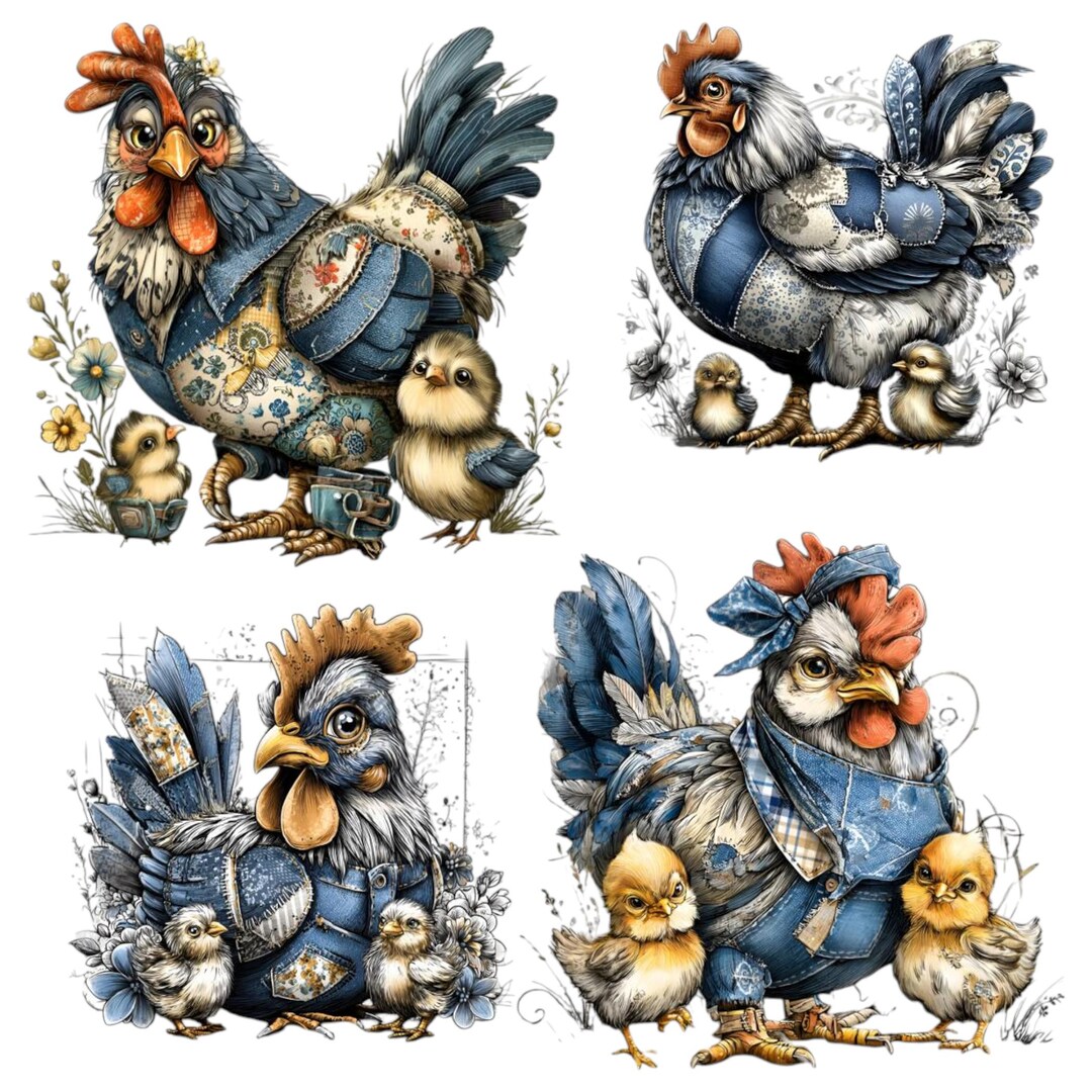 Blue Patchwork Chickens Iron on Transfer for Furniture | Cute Chick DTF ...