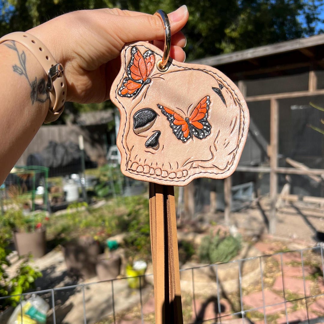 Monarch Butterfly Skull Leather Bag Charm / XL Keychain, Handcrafted ...