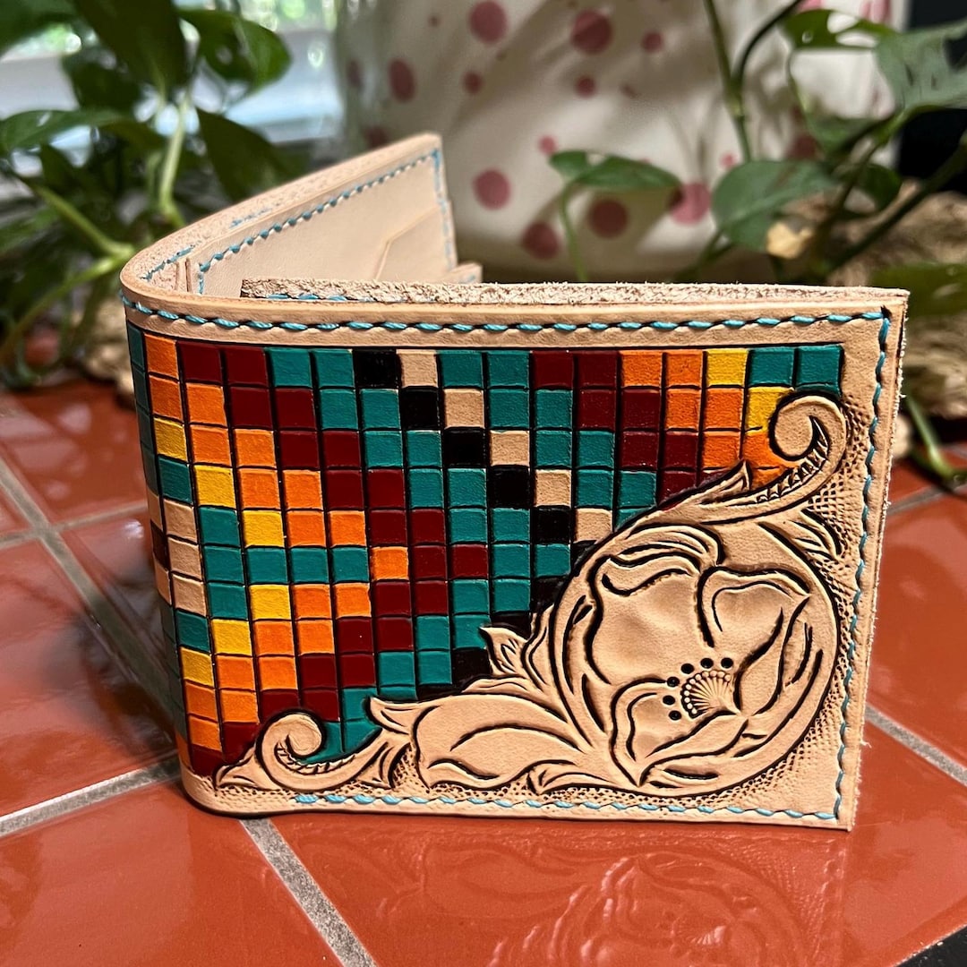 Handcrafted Bifold ID Wallet, “western Sunset”, Tooled Genuine Leather ...