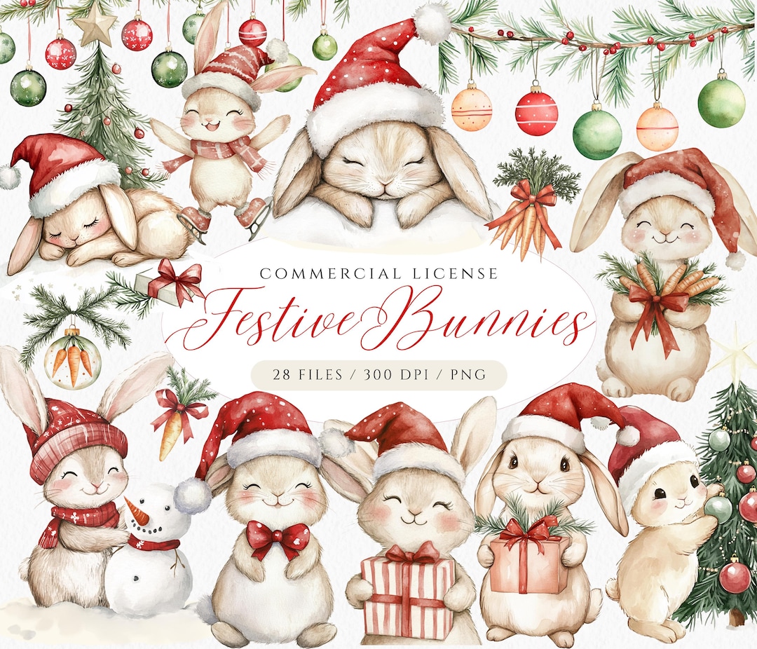 Christmas Bunny Clipart: Festive Holiday Bunnies PNG, Rabbit - Etsy