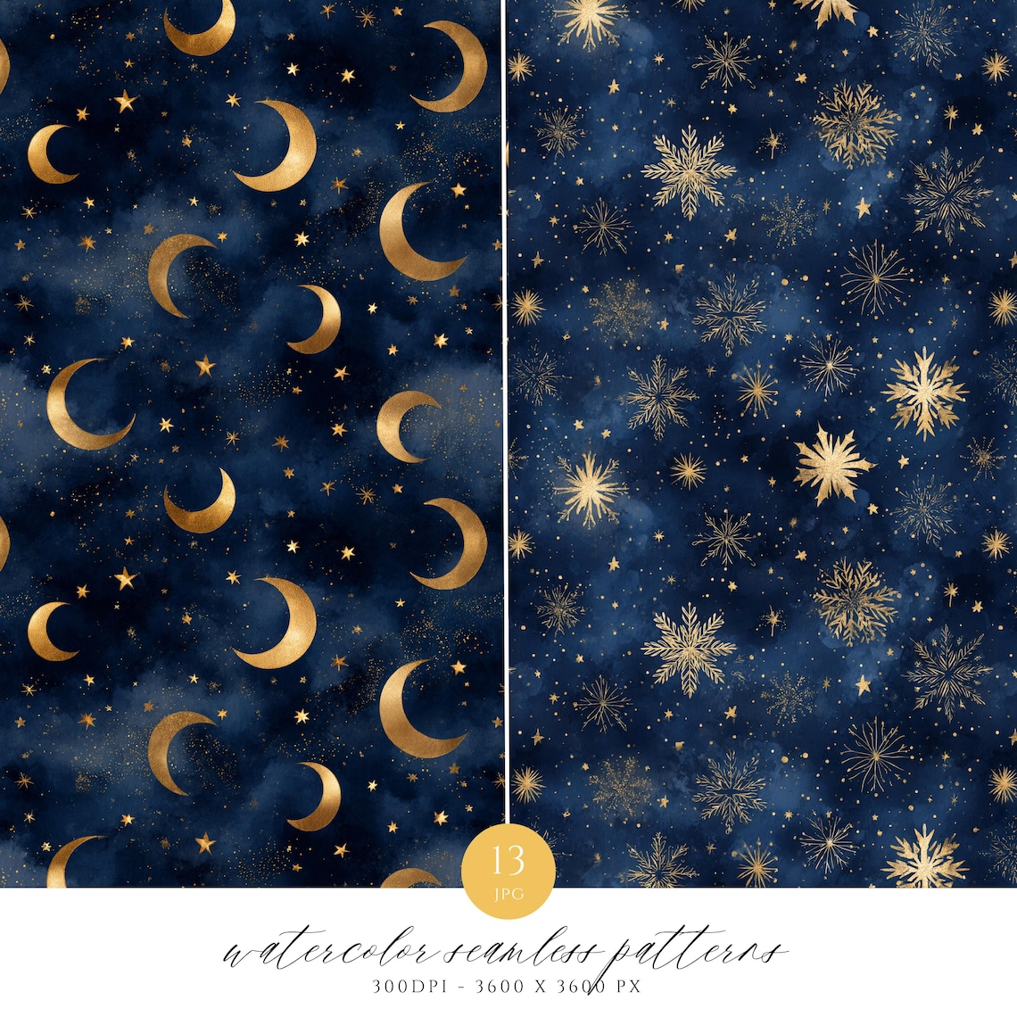 Navy Christmas Seamless Patterns, Watercolor Starry Night Christmas ...