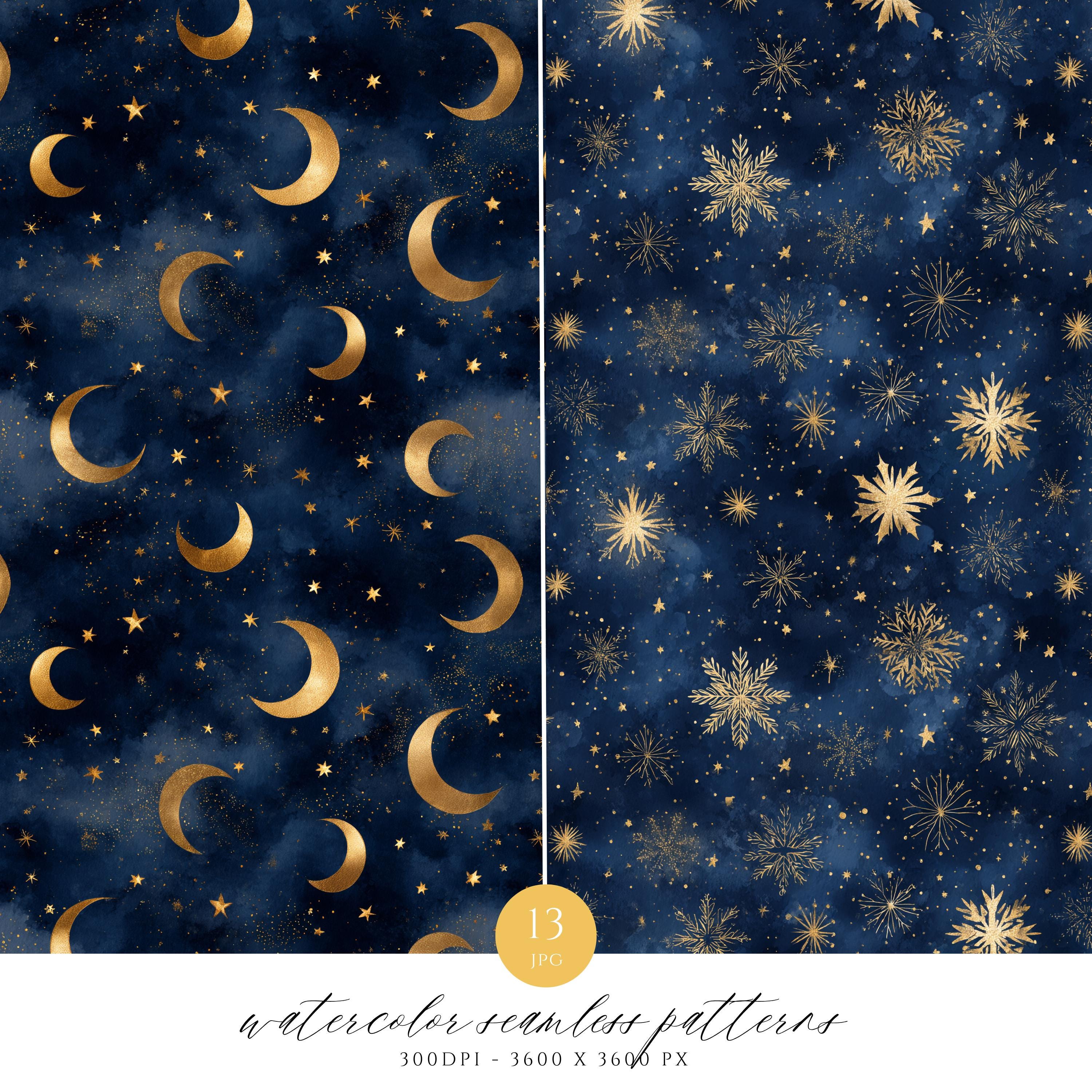 Navy Christmas Seamless Patterns, Watercolor Starry Night Christmas ...