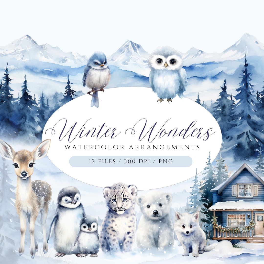 Watercolor Winter Animals Clipart: Arctic Landscape PNG Bundle (digital ...
