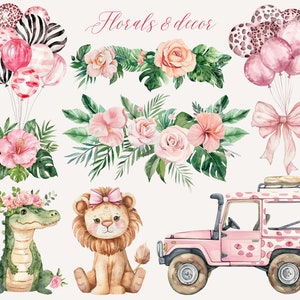 Pink Safari Animals Clipart: Watercolor Jungle Set (PNG Digital ...