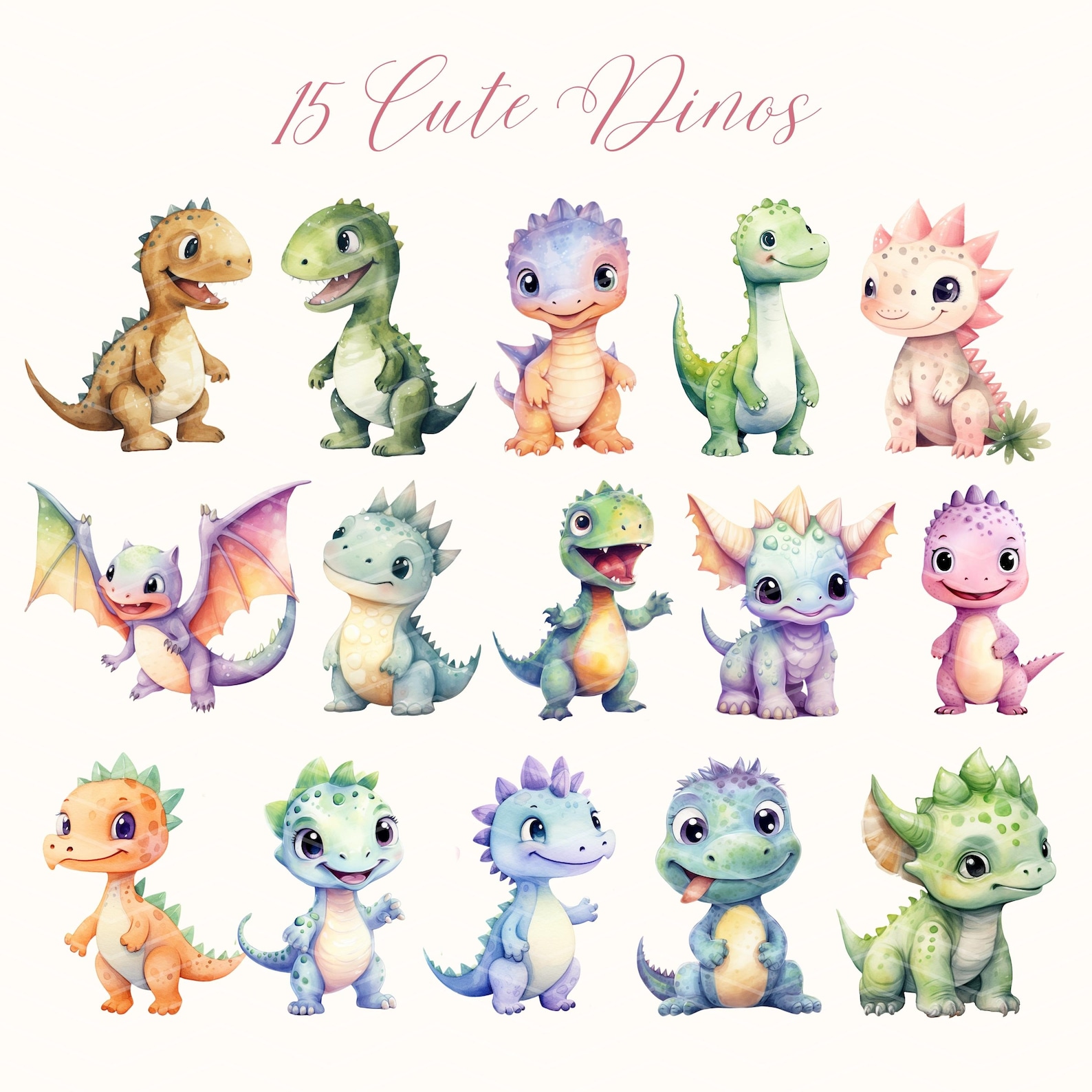 Watercolor Dino Clipart, Dinosaur Clipart, Nursery Clipart, PNG, Baby ...