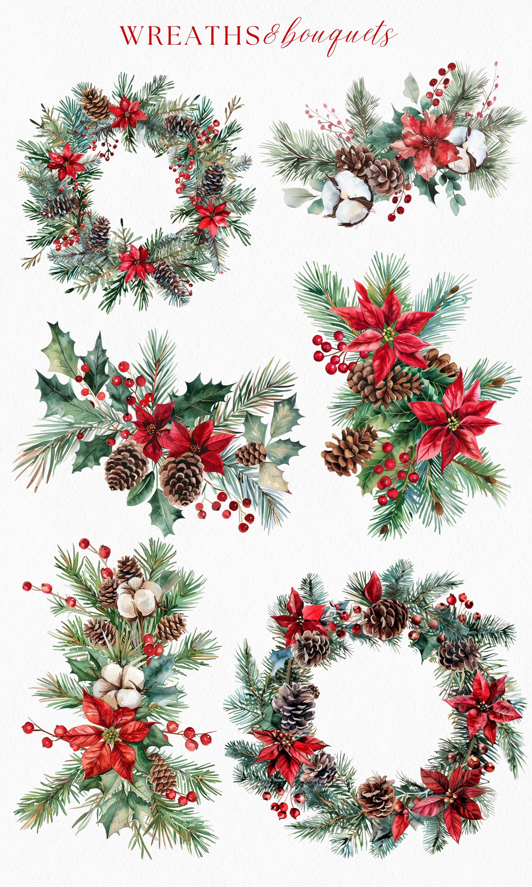 Watercolor Christmas Clipart: Red Ornaments, Wreath PNG (digital ...