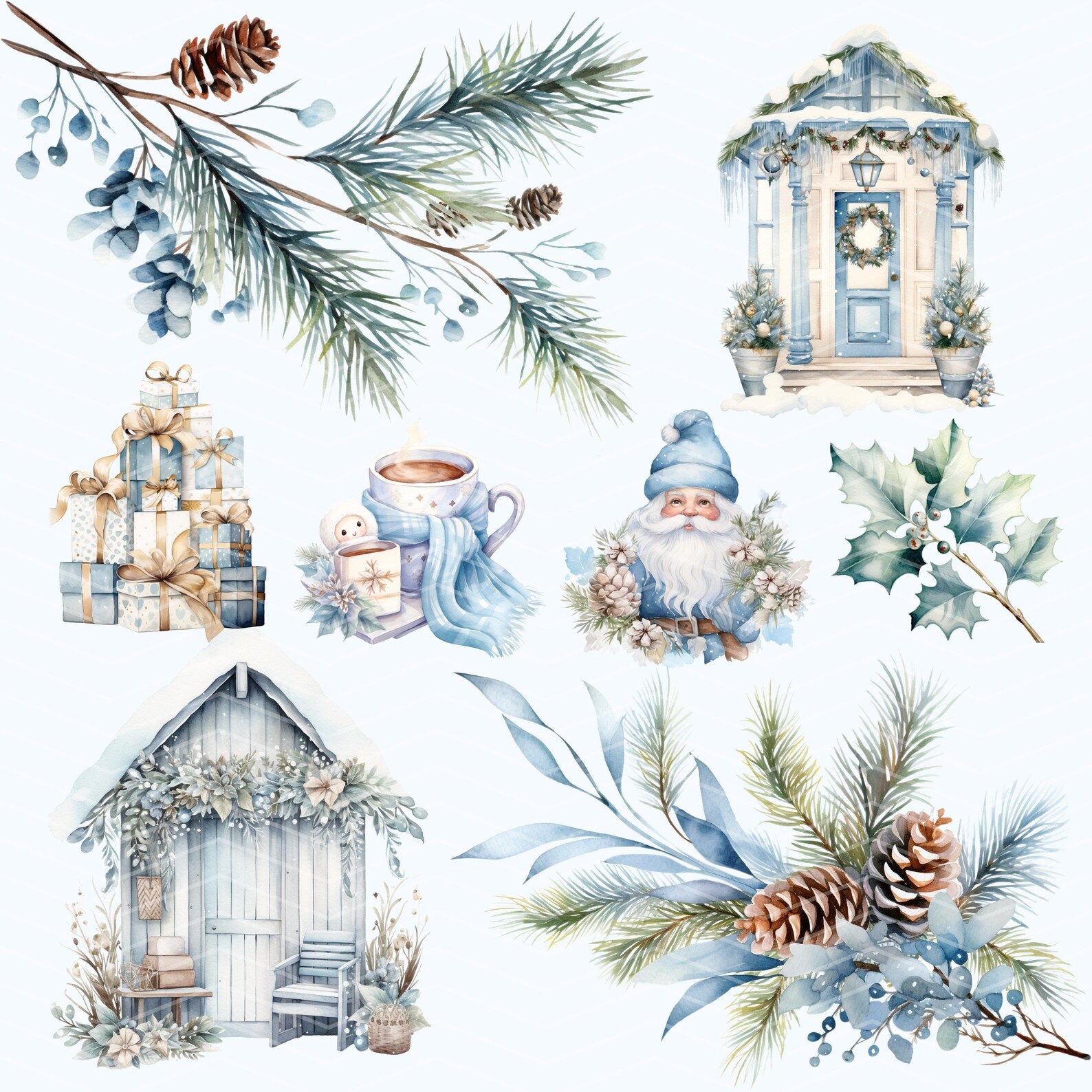 Watercolor Blue Christmas Clipart: Cottagecore PNG Bundle (commercial ...