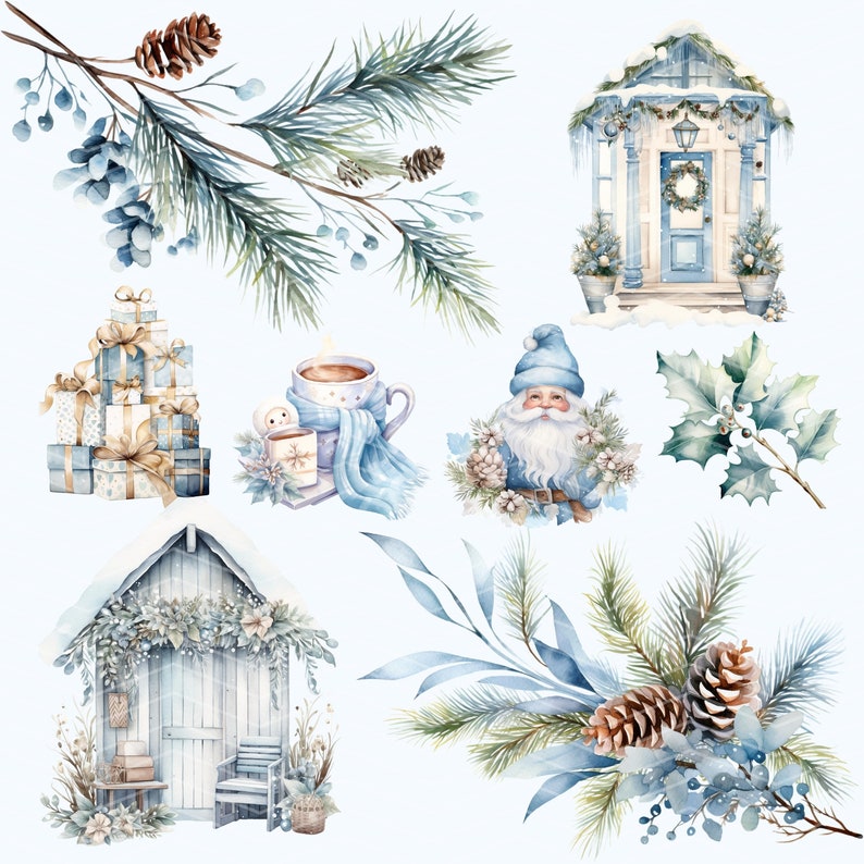 Watercolor Blue Christmas Clipart: Cottagecore PNG Bundle (commercial ...