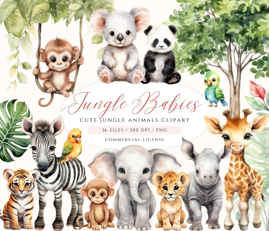 Cute Jungle Animals Clipart, Safari Baby Animal PNG, Watercolor Animal ...