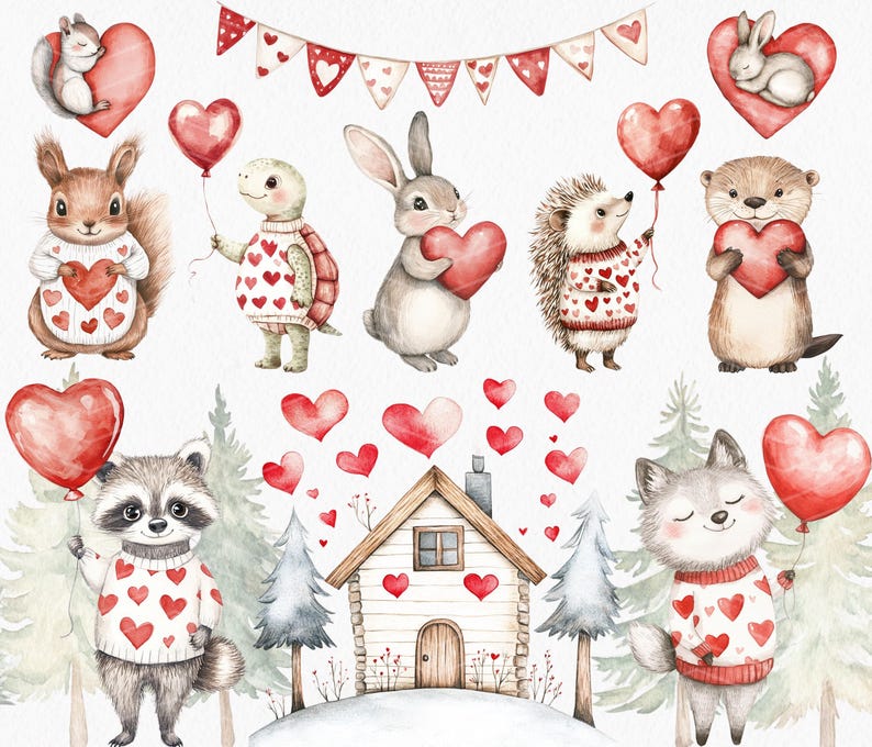 Valentine Woodland Animal Clipart: Boho Nursery Art (digital Download ...