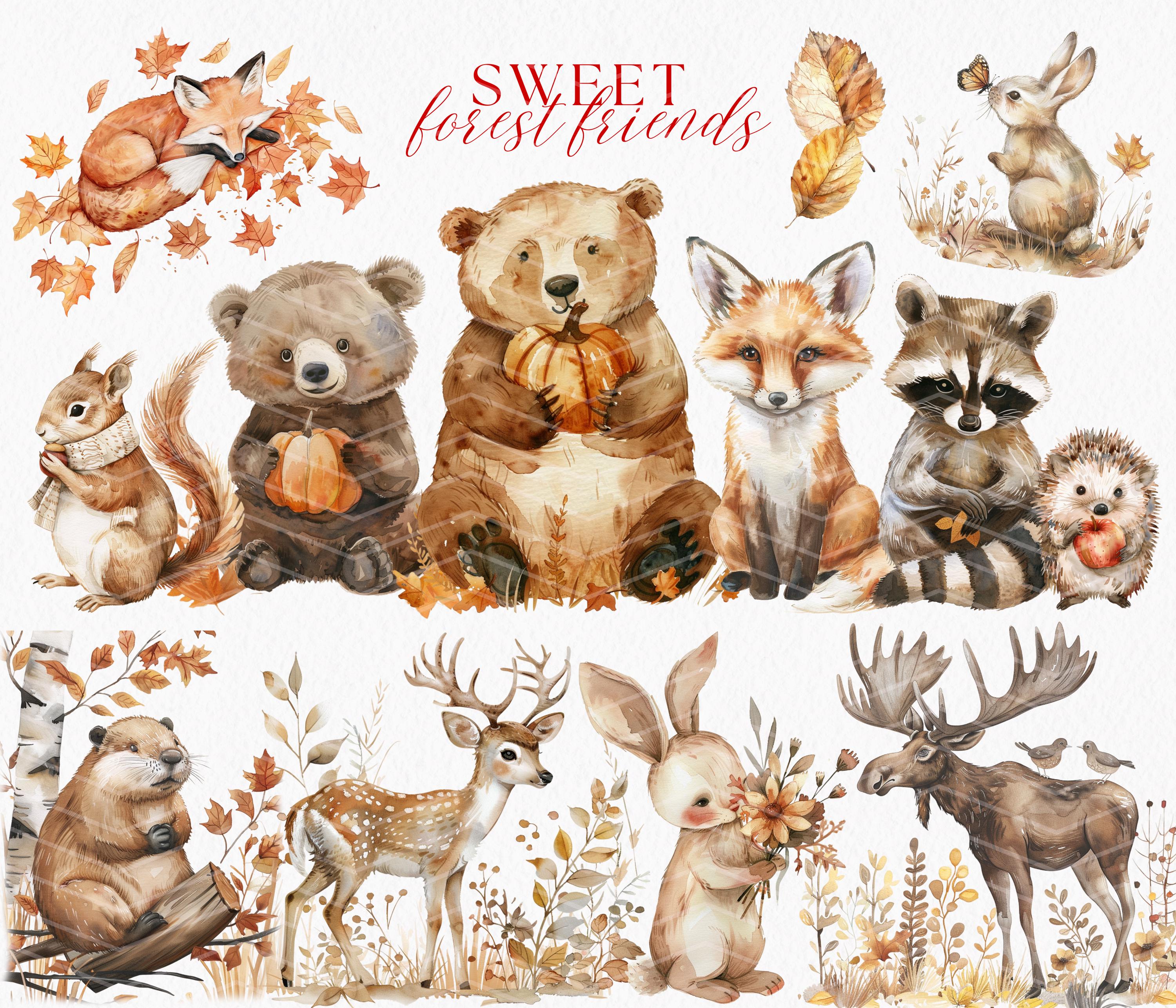 Fall Woodland Clipart: Watercolor Forest Animals, Wreaths, and Borders ...