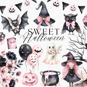 Pink Halloween Clipart Set, Watercolor Ghost, Owl, Witch (PNG, Digital ...