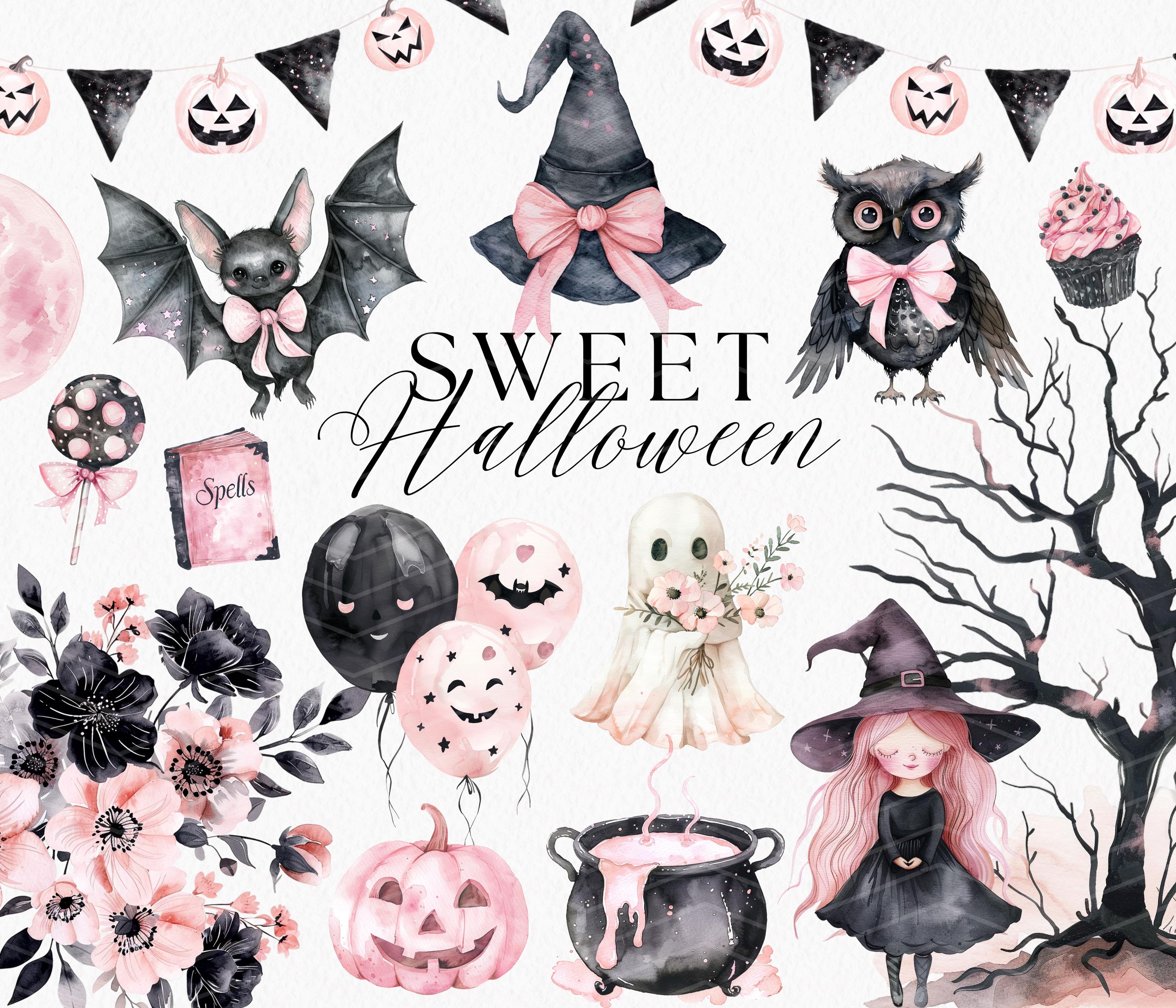 Pink Halloween Clipart Set, Watercolor Ghost, Owl, Witch (PNG, Digital ...