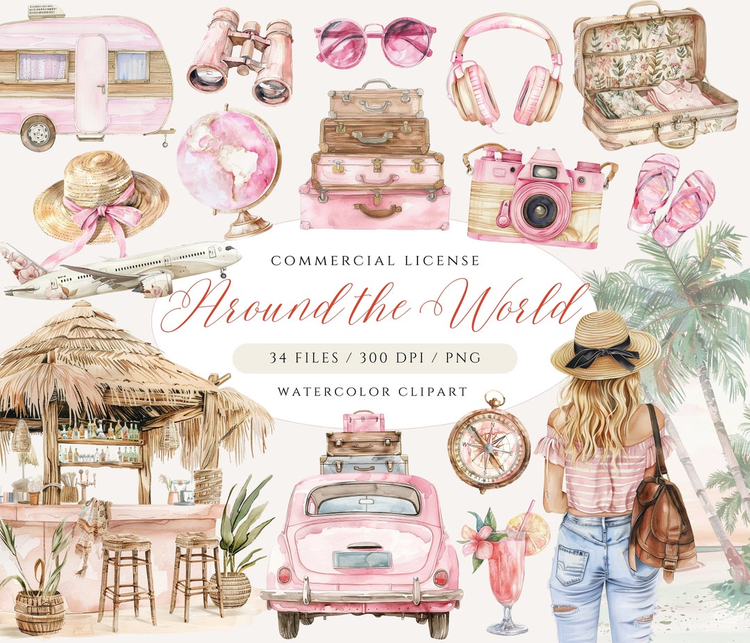 Girly Travel Clipart, Pink Travel Clipart, Watercolor Traveller Girl ...