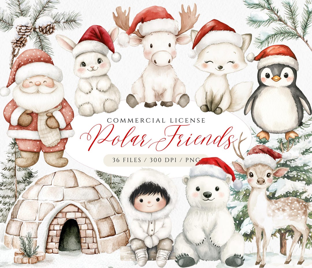 Watercolor Arctic Animals Clipart: Christmas Polar Friends PNG (36 ...