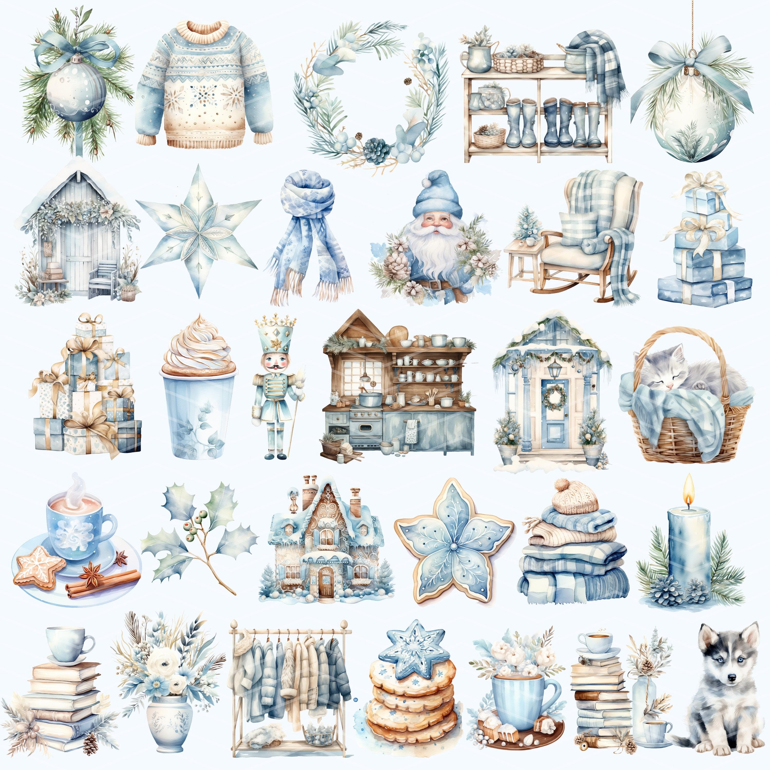 Watercolor Blue Christmas Clipart: Cottagecore PNG Bundle (commercial ...