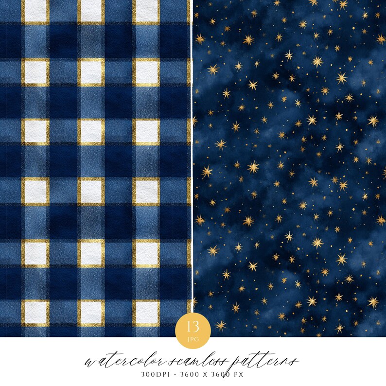 Navy Christmas Seamless Patterns, Watercolor Starry Night Christmas ...