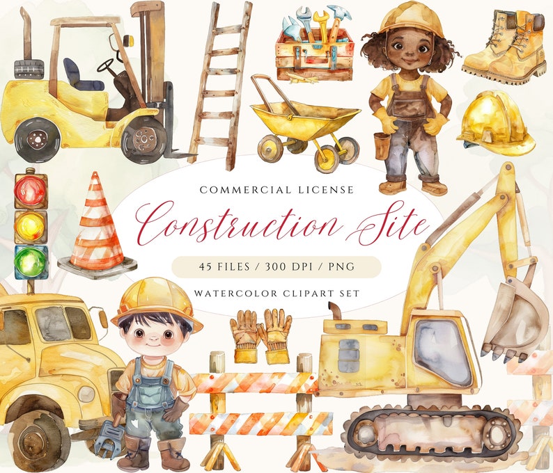 Watercolor Construction Clipart: Kids Birthday Party - Etsy