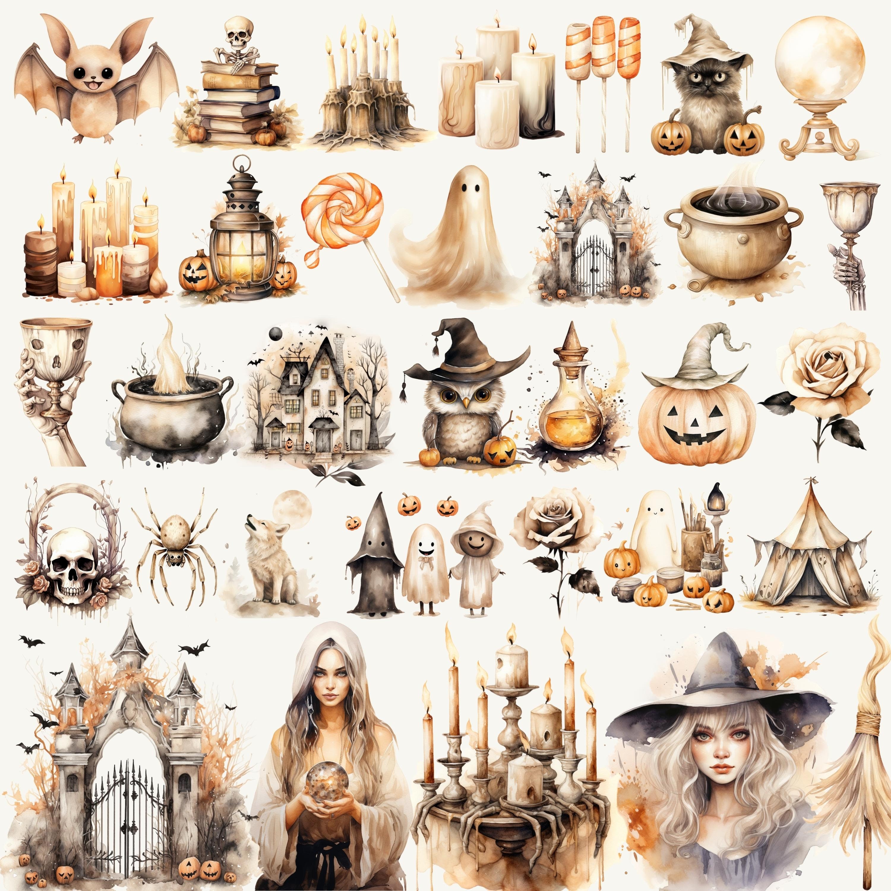 Watercolor Halloween Clipart: Beige Spooky PNG Set (commercial Use) - Etsy