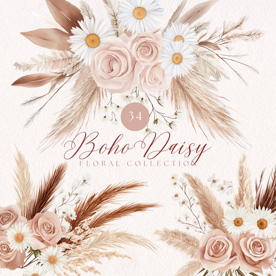 Boho Daisy Floral Clipart Bundle: PNG Flowers, Pampas Grass (digital ...