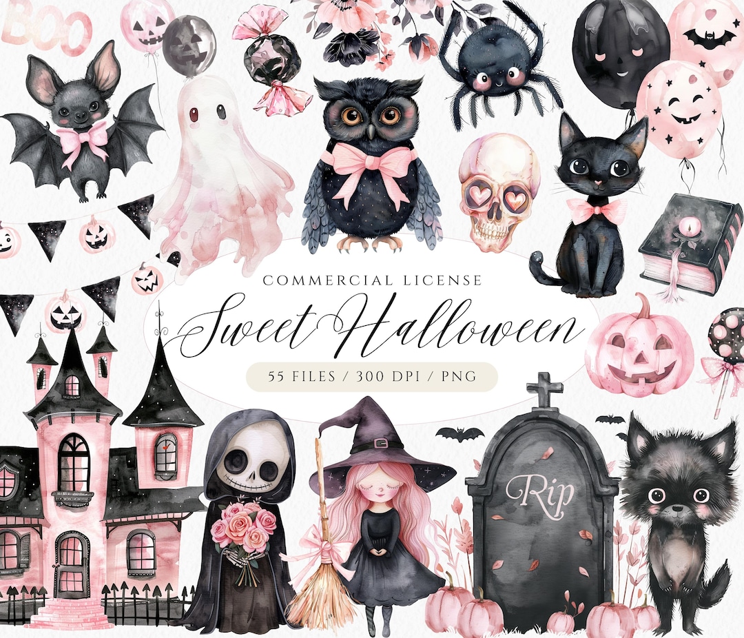 Pink Halloween Clipart Set, Watercolor Ghost, Owl, Witch (PNG, Digital ...
