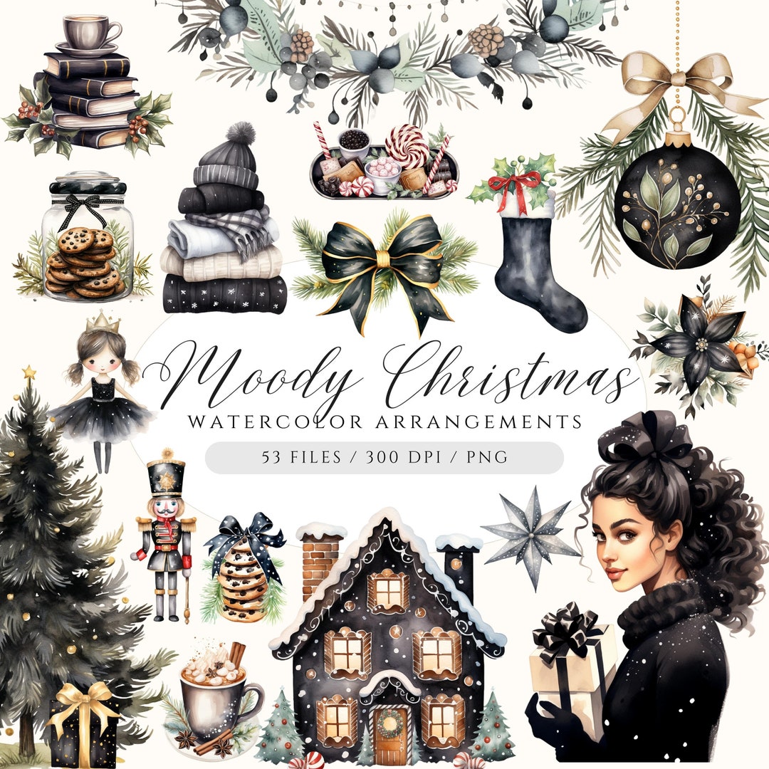 Black Christmas Clipart: Moody Watercolor Ornaments (PNG Digital ...